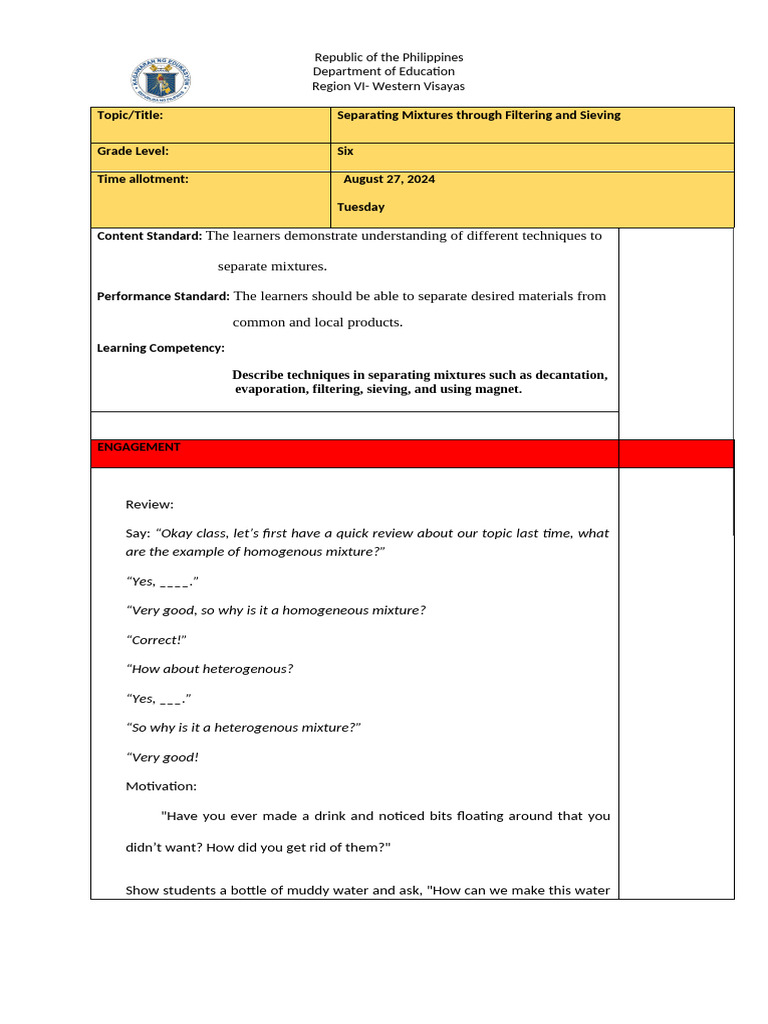 LESSON PLAN IN SCIENCE - FILTERING (Day 1) | PDF
