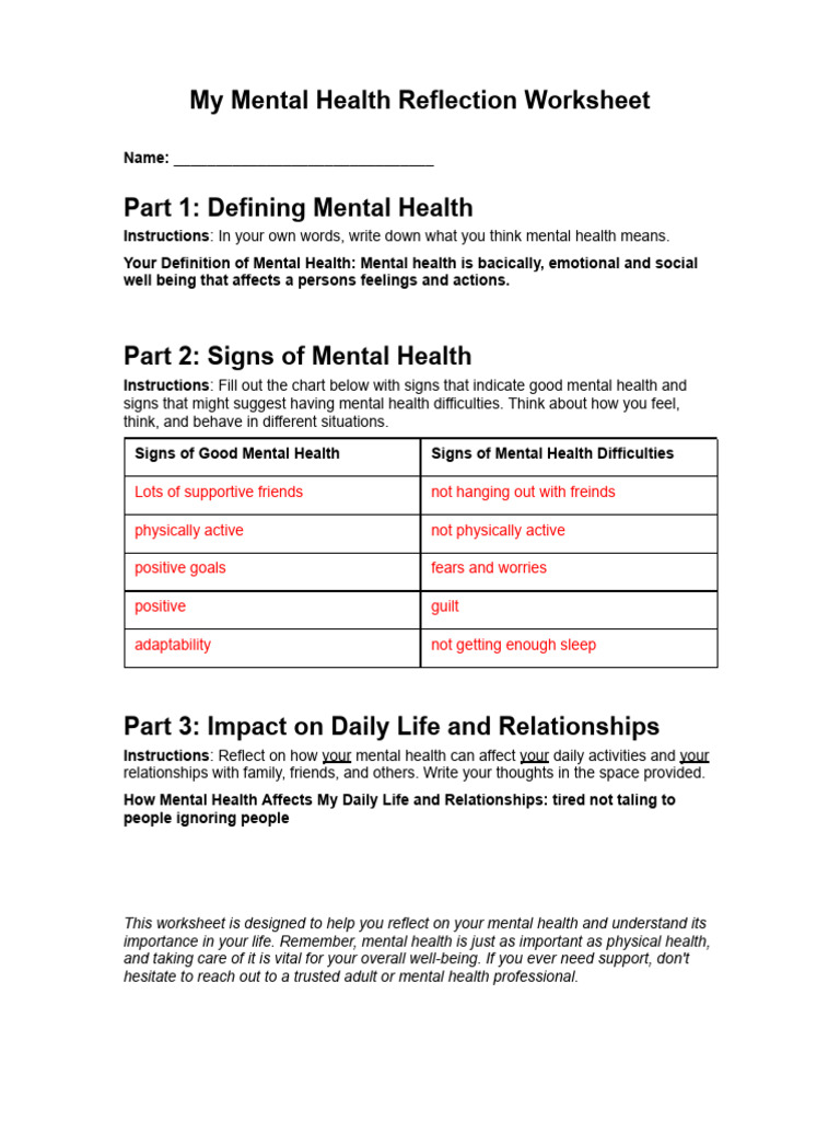Lucas Velez - My Mental Health Reflection Worksheet | PDF | Lifestyle