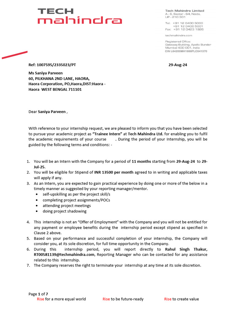 Apprentice Letter Saniya Parveen 2335023 Pdf