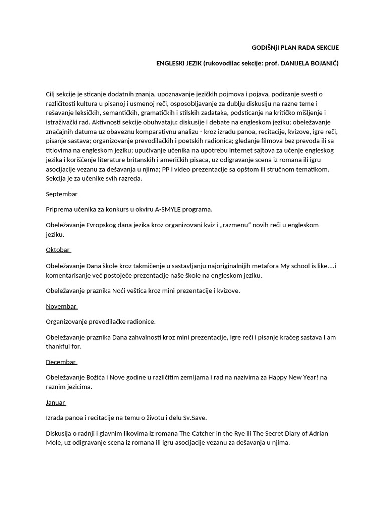 Plan Rada Sekcije | PDF