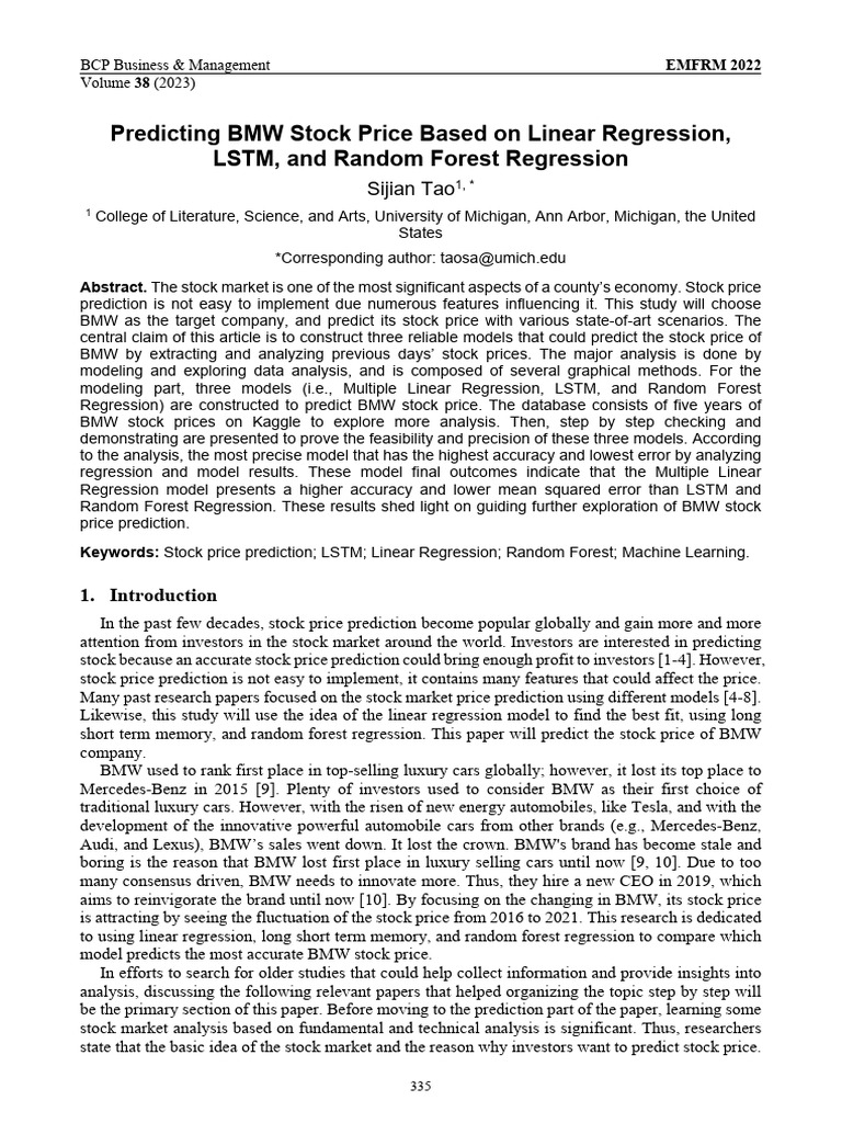 Predicting BMW Stock Price Based On Linear Regression, LSTM, and Random Forest Regression | PDF