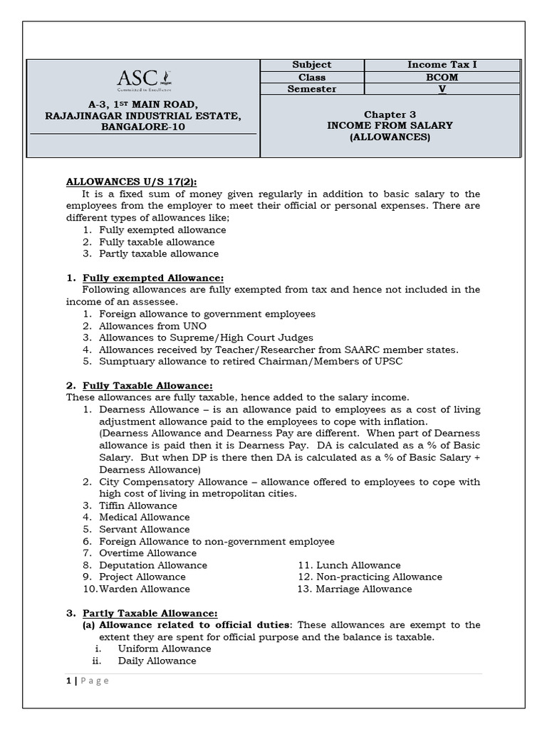 Chapter 3 - Income From Salary (Part V - Allowances) | PDF