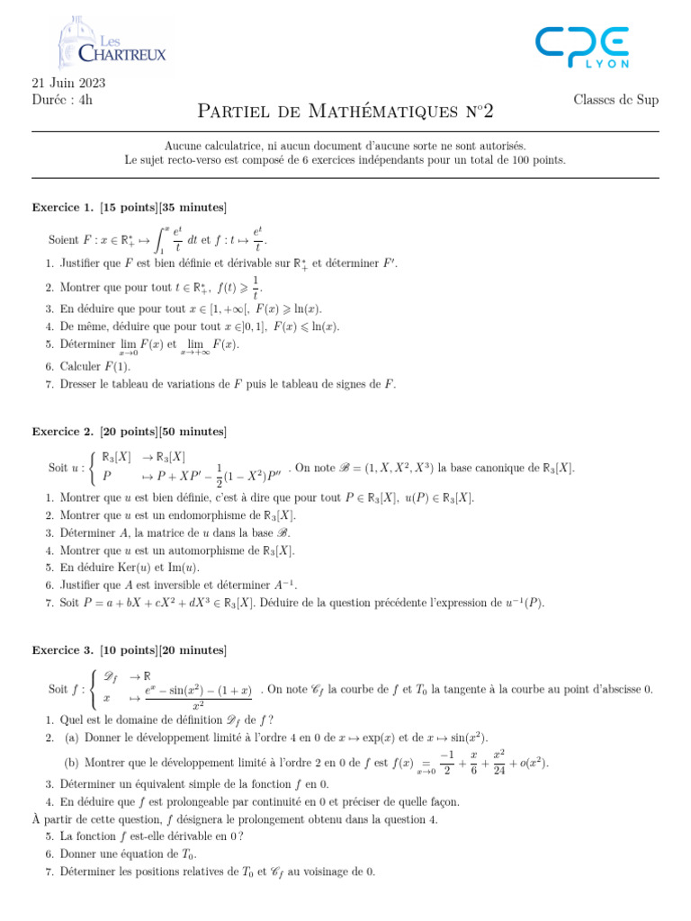 Partiel de Mathématiques N 2: 21 Juin 2023 Durée: 4h Classes de Sup | PDF
