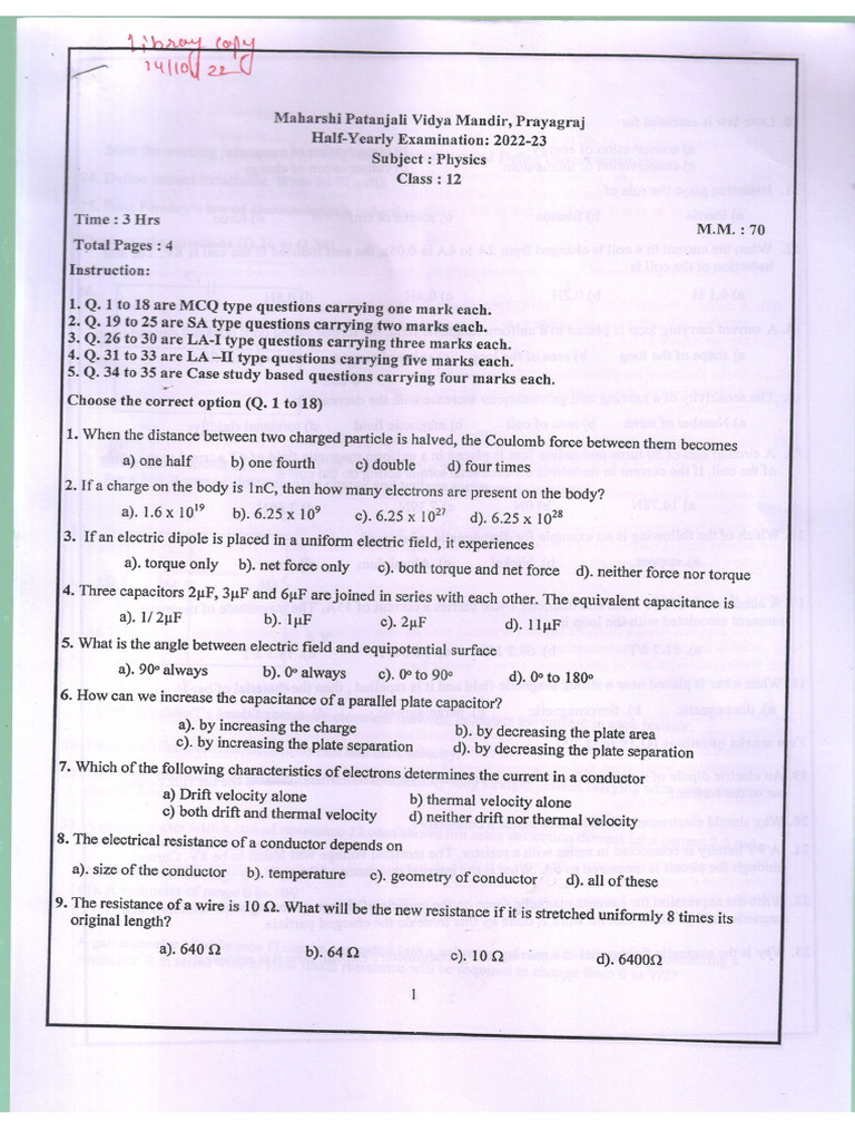 PDF Physics Half Yearly Q.P. 2022-23 | PDF