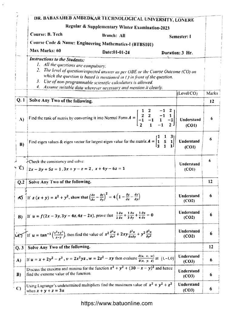 Btech 1 Year Engineering Mathematics 1 Btbs101 Winter 2023 | PDF