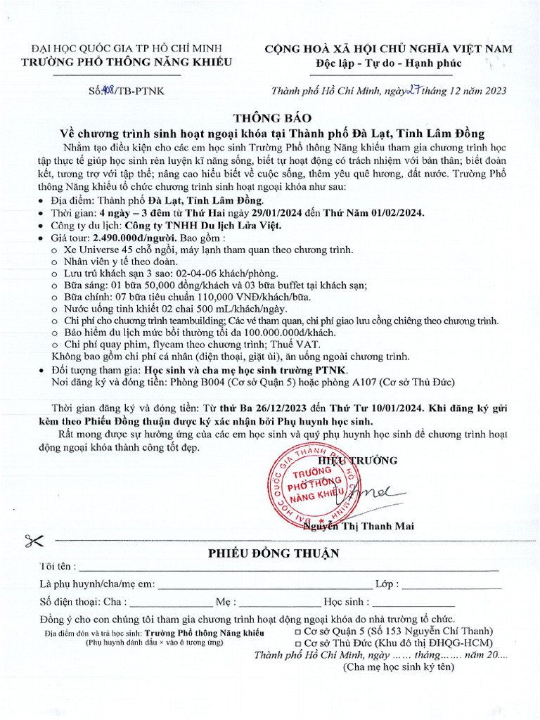 2023 2024 - 408 - Thông Báo N I Quy Chương Trình Ngo I Khóa | PDF