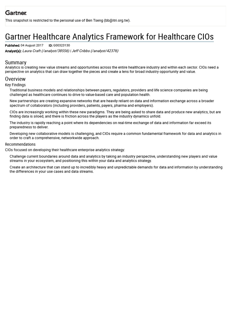 4.gartner Healthcare Analytics Framework For Healthcare CIOs | PDF