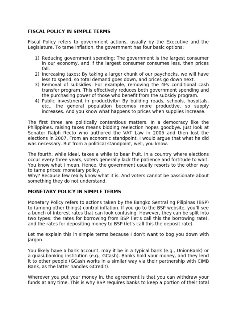 FISCAL POLICY vs. MONETARY POLICY | PDF