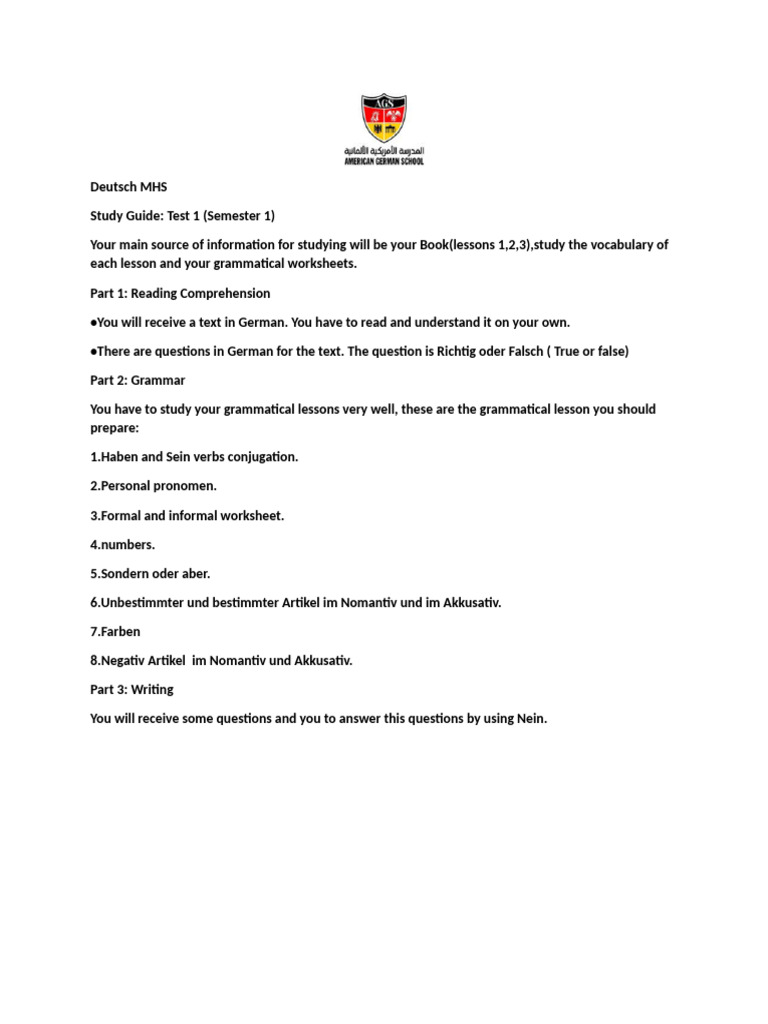 Deutsch MHS Study Guide | PDF