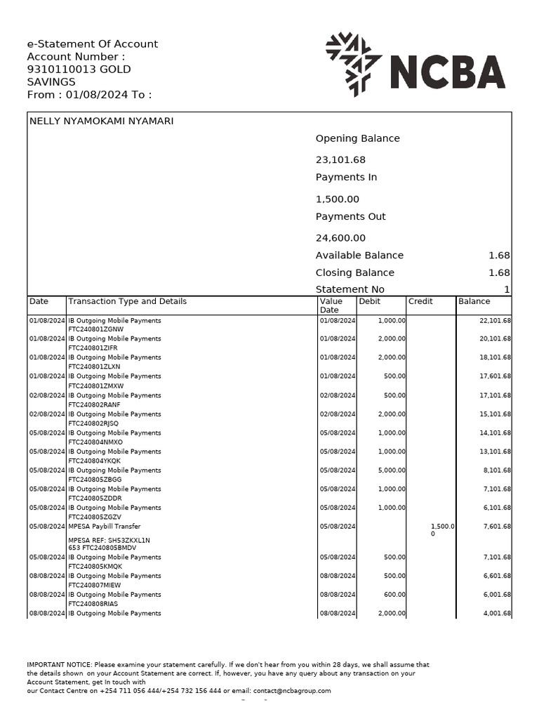Ncba Statement W | PDF | Payments | Debits And Credits