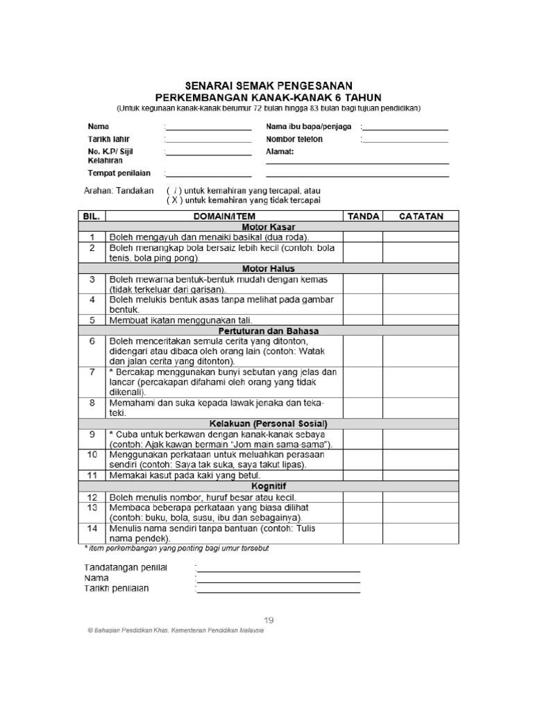 Senarai Semak Prospim 6 Tahun | PDF