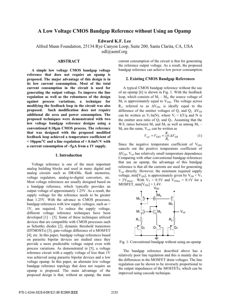 Low Voltage CMOS BandGap Reference Without Using Opamp | PDF