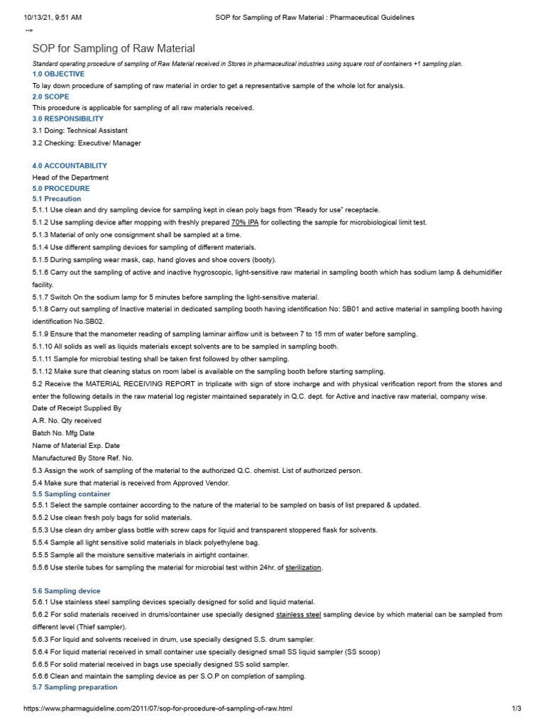 SOP For Sampling of Raw Material - Pharmaceutical Guidelines | PDF