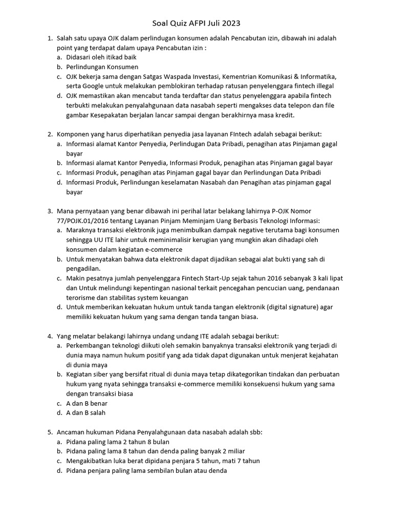 Soal Quiz AFPI Juli 2023 - KISI-KISI | PDF | Tecnología financiera | Finanzas y administración ...