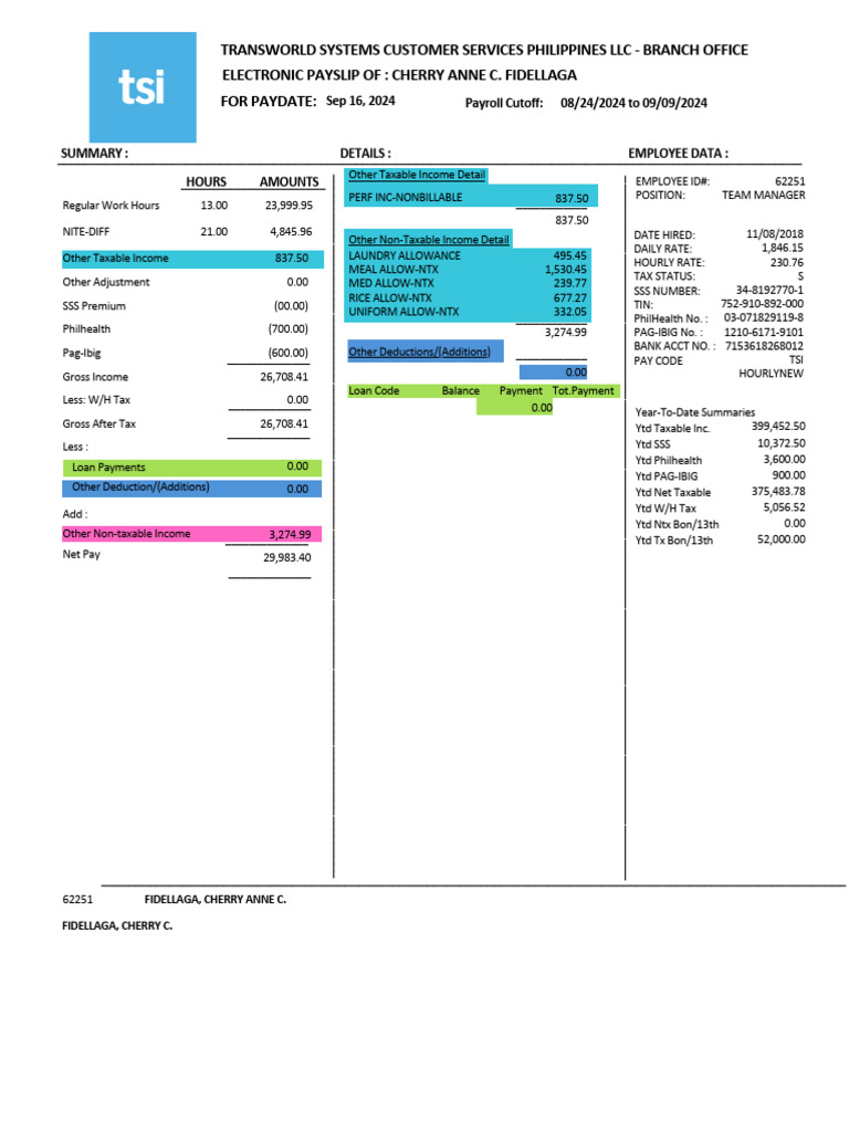 Payslip Sep 16, 2024 - Anne - 20240925 - 125647 - 0000 | PDF