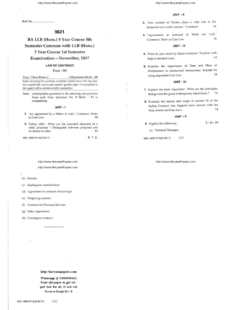 Ballb 1 Sem Hons Law of Contract 9621 Nov 2017 | PDF