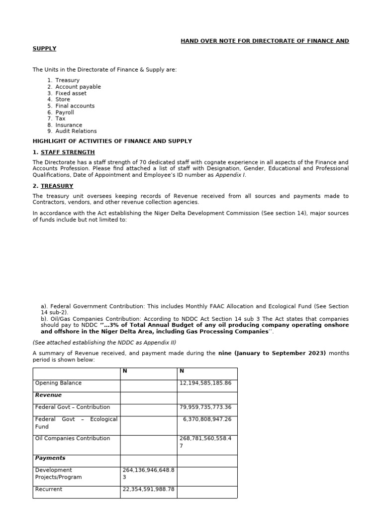 Hand Over Note For Directorate of Finance and Supply, Prs and Pms | PDF
