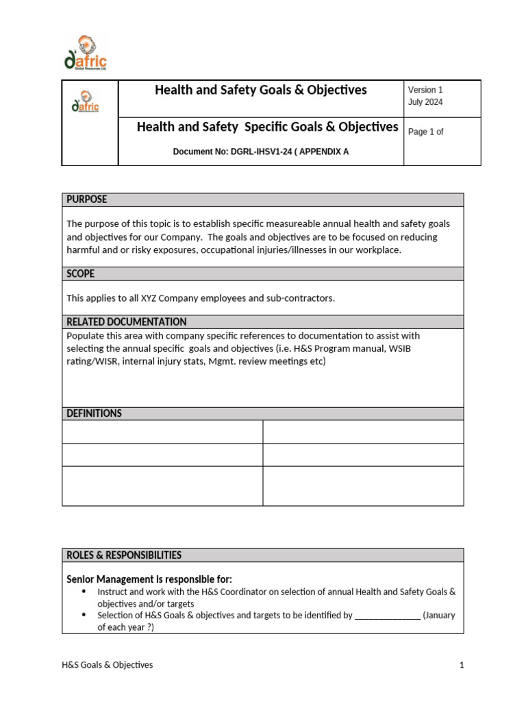 Annual Health & Safety Goals Overview | PDF | Occupational Safety And ...