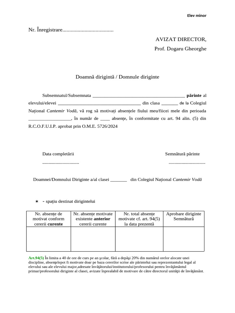Cerere Motivare Absente Elev MINOR | PDF