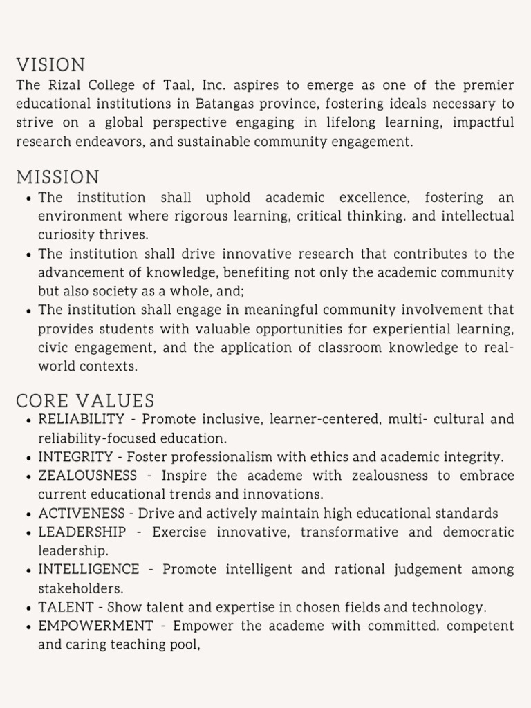 Mission Vision Core Values RCT - 20240919 - 161819 - 0000 | PDF