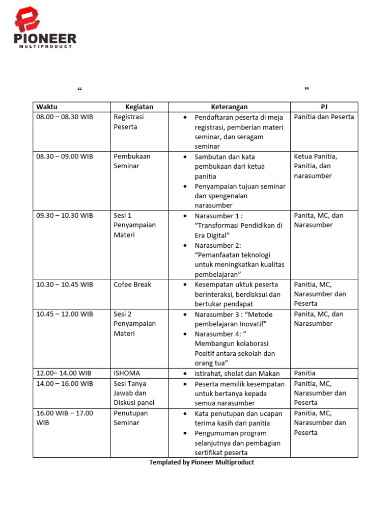 Template Rundown Seminar Pendidikan by - Pioneer Multiproduct | PDF