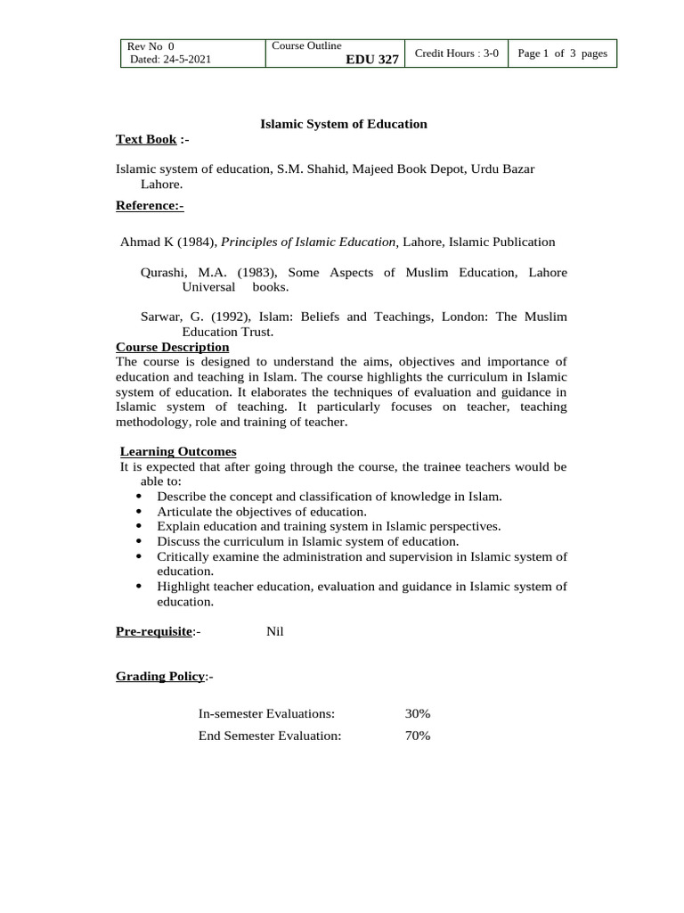 Islamic System of Education EDU 327 | PDF