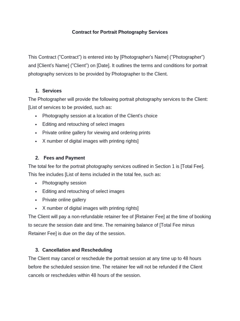 Portrait Photography Service Contract | PDF | Photographer | Business