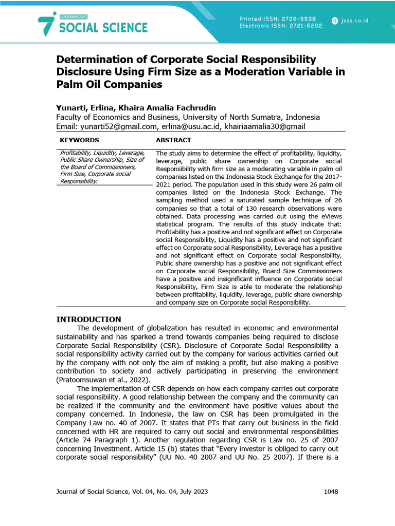 Determination of Corporate Social Responsibility Disclosure Using Firm ...