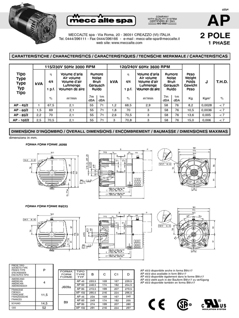 2 Pole: 120/240V 60Hz 3600 RPM Tipo Type Type Typ Tipo 115/230V 50Hz ...