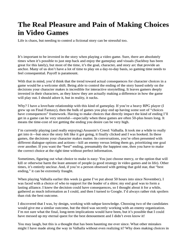 The Real Pleasure and Pain of Making Choices in Video Games | PDF