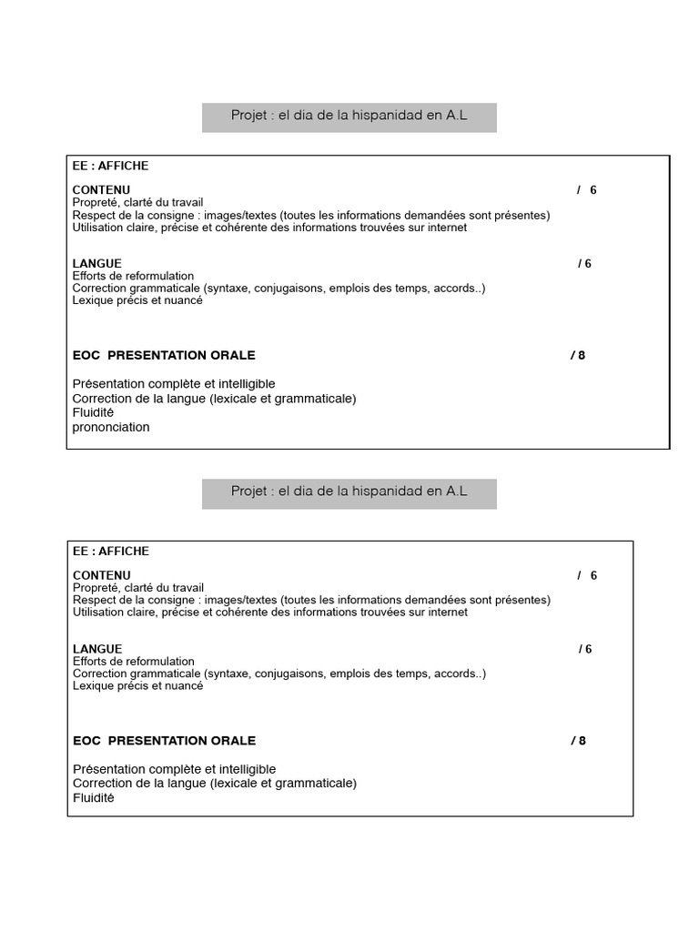 Grille Éval Projet El Dia de La Hispanidad | PDF