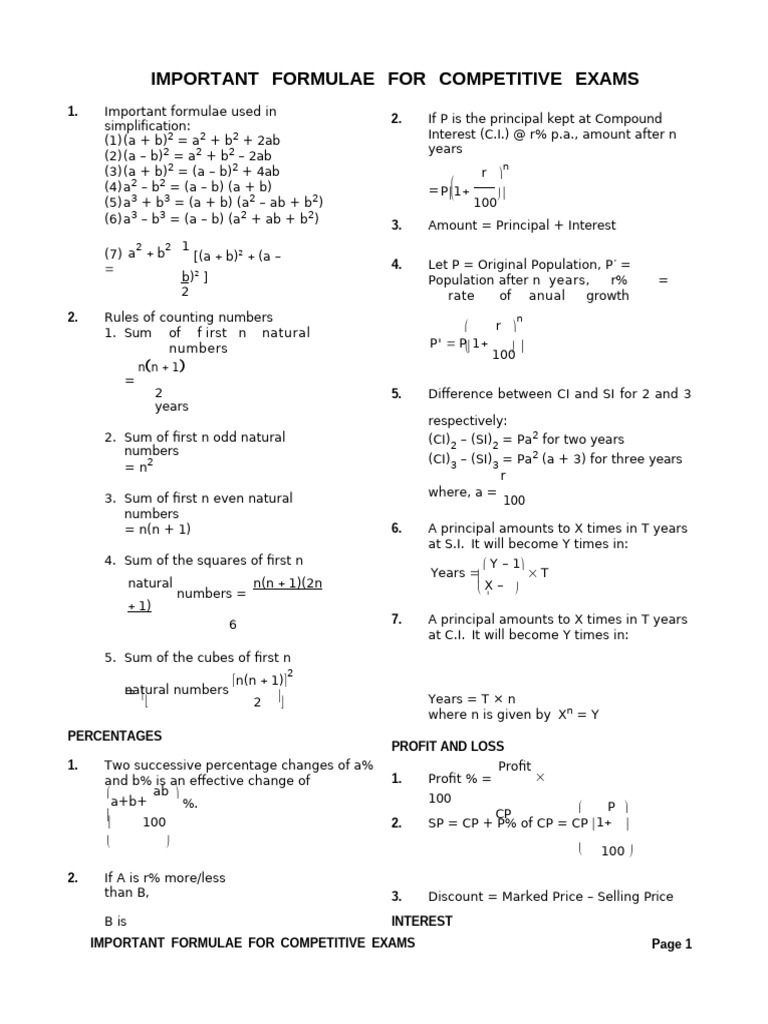 Important Formulae For Competitive Exams | PDF