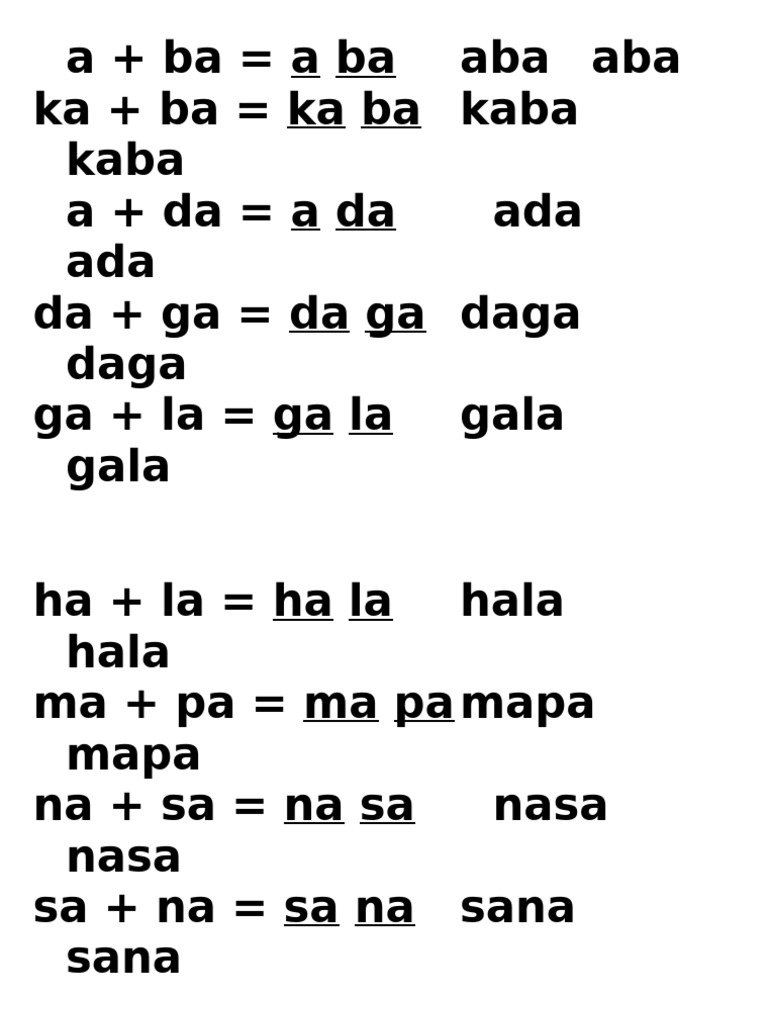A + Ba A Ba Aba Aba Ka + Ba Ka Ba Kaba Kaba A + Da A Da Ada Ada Da + Ga ...