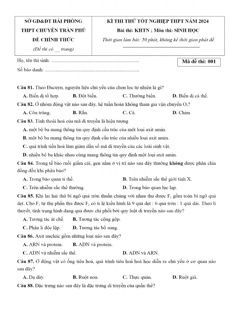 04 de Thi Thu TN THPT Sinh Hoc 2024 THPT Chuyen Tran Phu Hai Phong L1docx - 3200 - PDF - Gdrive ...