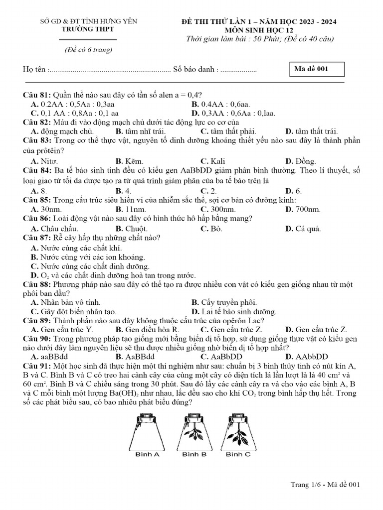10 de Thi Thu TN THPT Sinh Hoc 2024 So Hung Yendoc 3200 PDF - Gdrive.vip | PDF