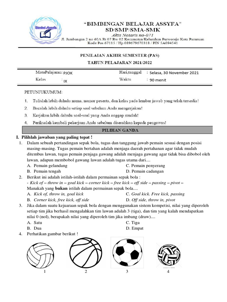 Latihan Soal PAS PJOK KLS 9 K13 Semester | PDF