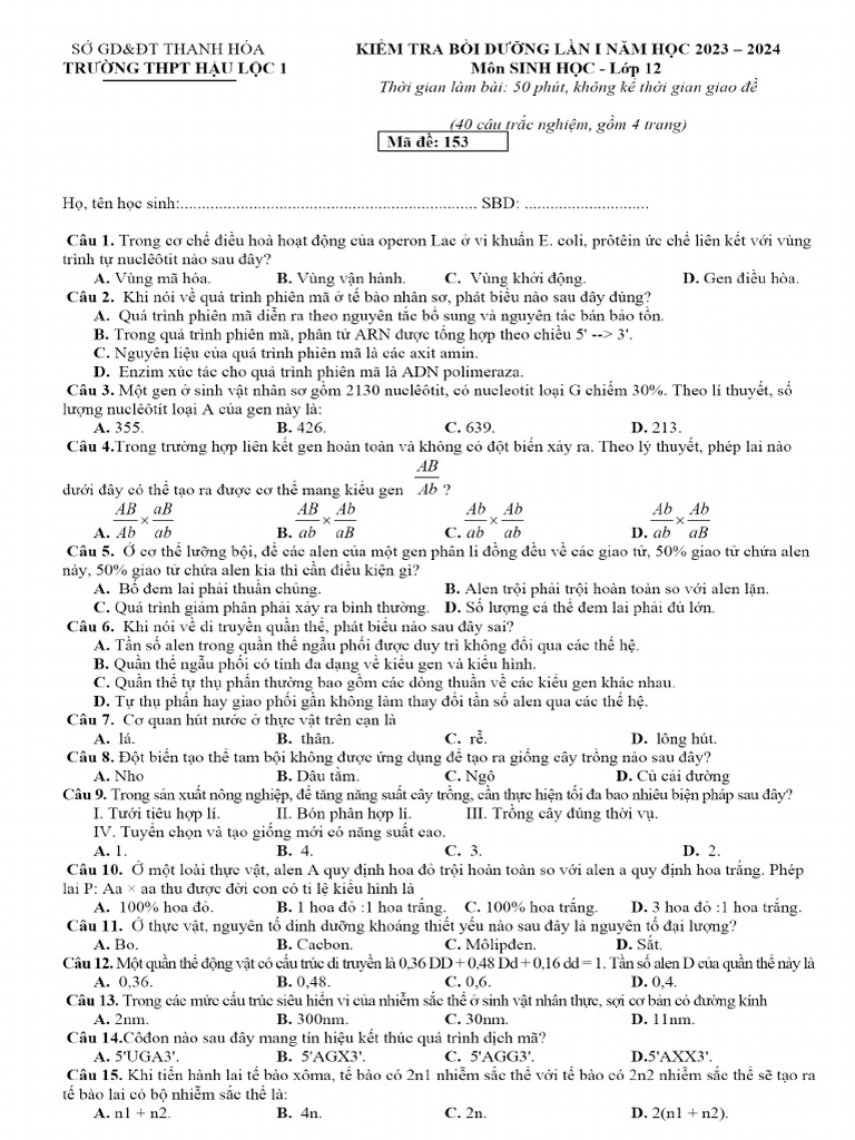 25 de Thi Thu TN THPT Sinh Hoc 2024 THPT Hau Loc 1 Thdocx - 3200 - PDF ...