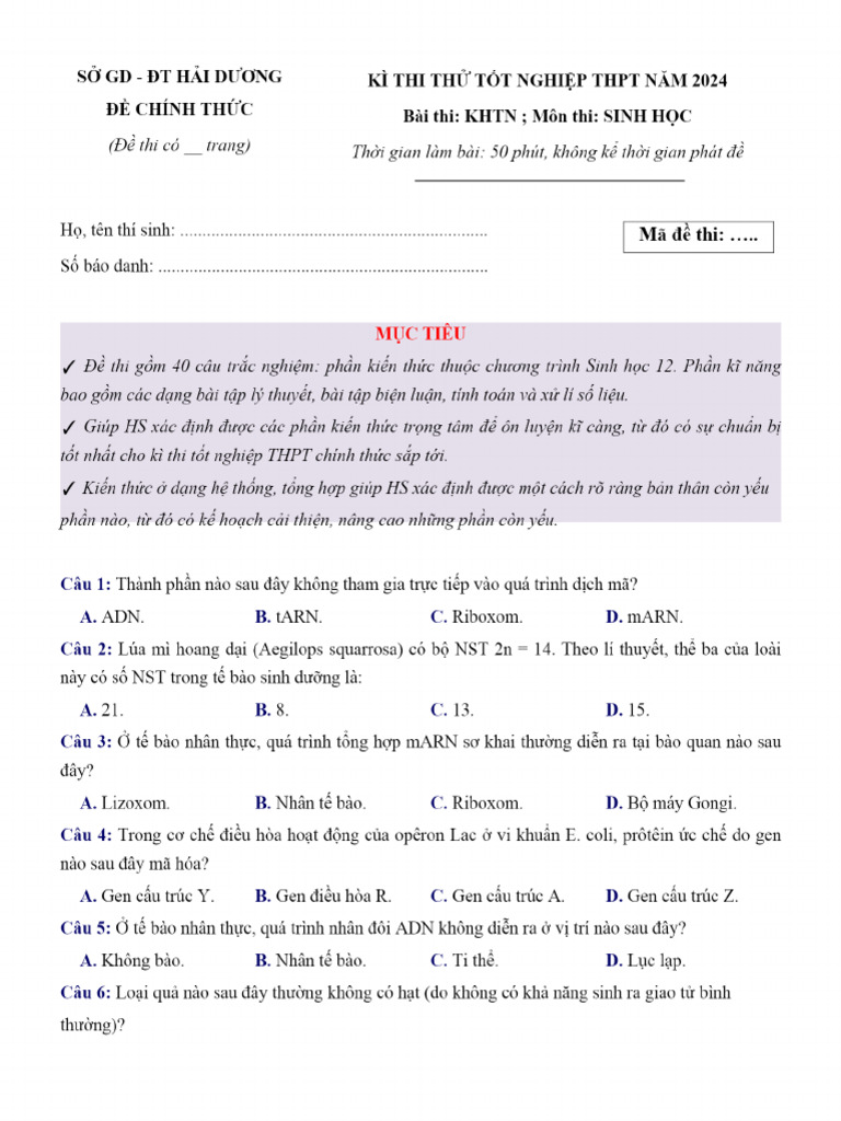19 de Thi Thu TN THPT Sinh Hoc 2024 So Gdvadt Hai Duongdocx - 3200 - PDF - Gdrive.vip | PDF