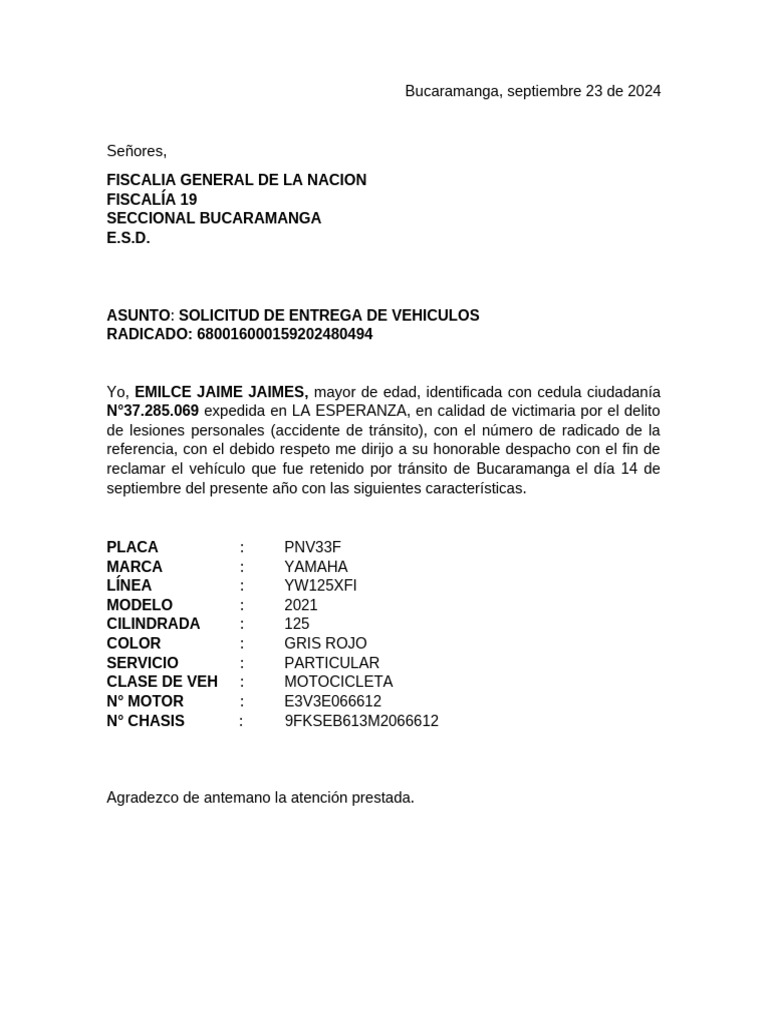 Solicitud Entrega Motocicleta Yerly | PDF