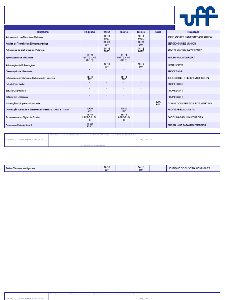 Quadro de Horários PPGEET UFF 2023 - 2 | PDF