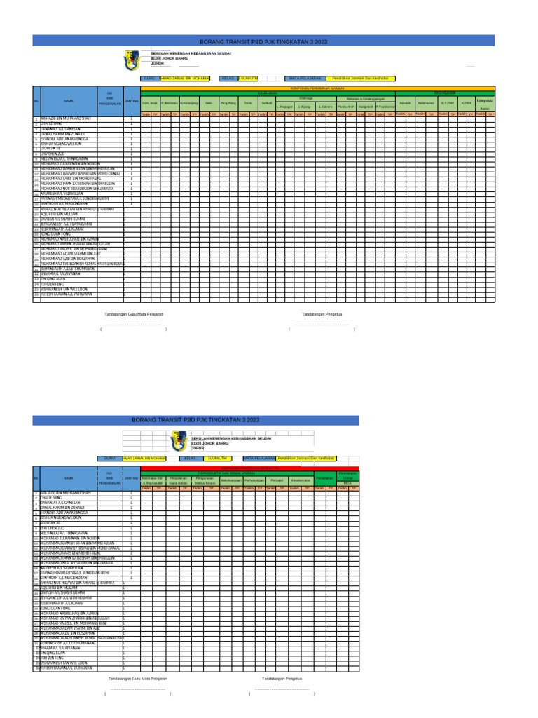Borang Kosong Transit PBD PJK Ting 3 2023 3upsi3uthm | PDF