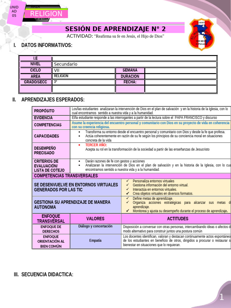 Sesion Religion 3° 4° Sec-Semana 02 Uni 5 | PDF
