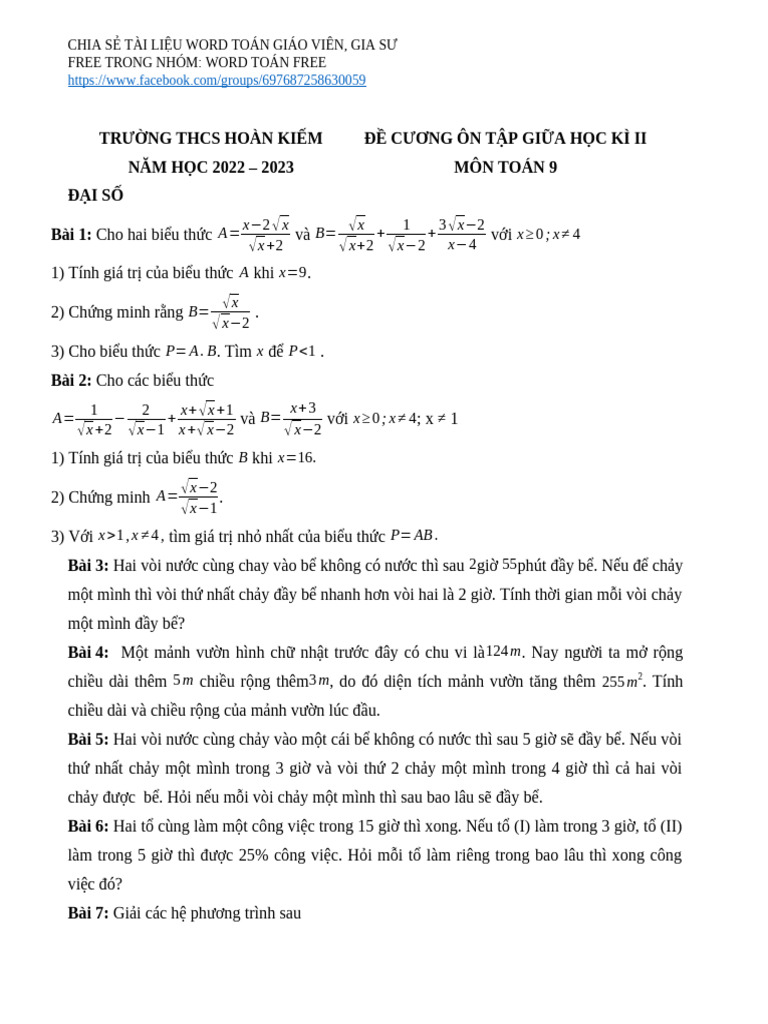 1.TOÁN-9-ĐC-GK2-THCS-HOÀN KIẾM-2022-2023 | PDF