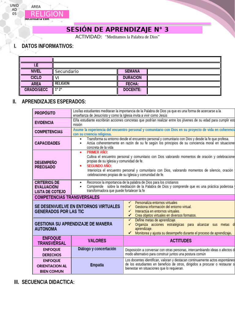 Sesion Religion 1°2° Sec-Semana 03 Uni 5 | PDF