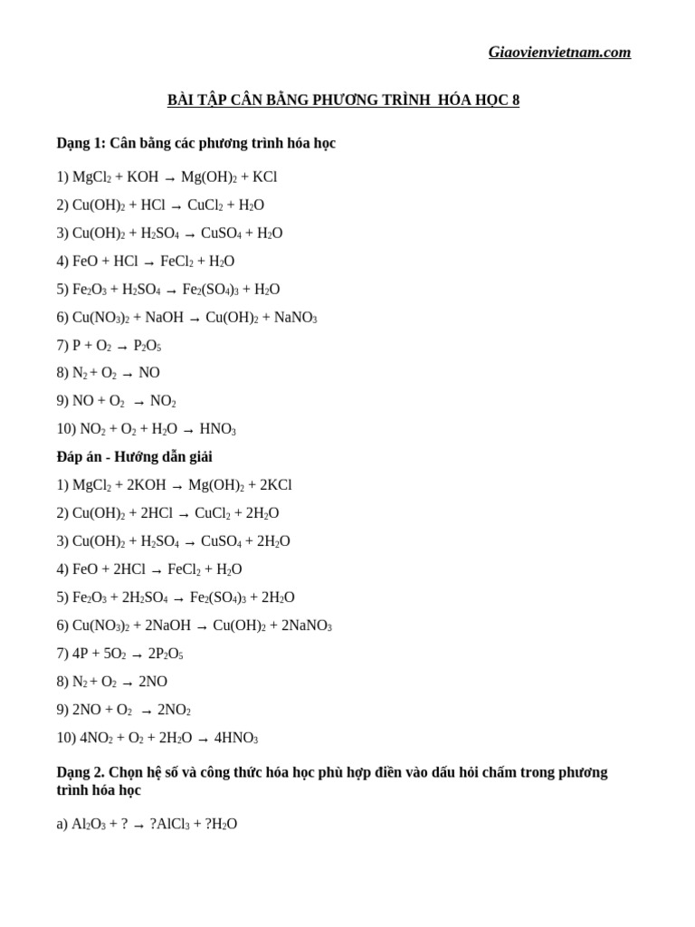 Bai Tap Can Bang Phuong Trinh Hoa Hoc 8 Co Dap An | PDF