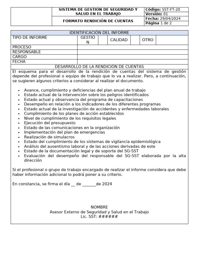 Sst-ft-20 Formato Rendición de Cuentas | PDF