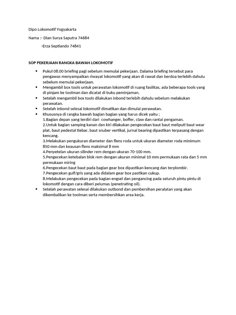 Rangkuman SOP Perawatan Lokomotif Rangka Bawah Dipo Lok Yk - Dian Surya ...