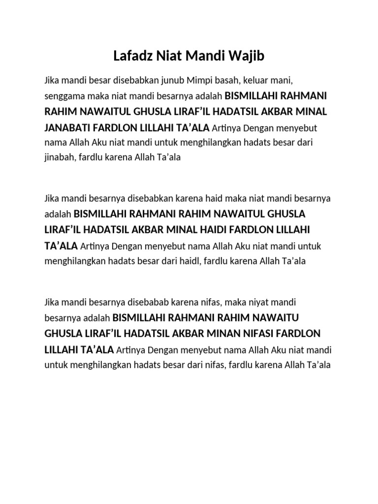 Lafadz Niat Mandi Wajib | PDF