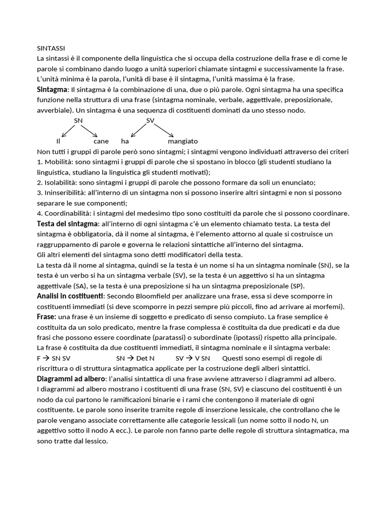 Linguistica Generale SINTASSI | PDF
