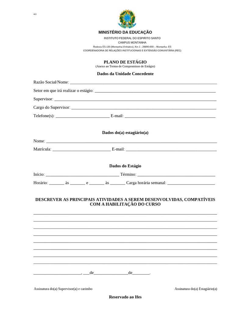 A03 Plano de Estágio - Obrigatório - Padronizado | PDF